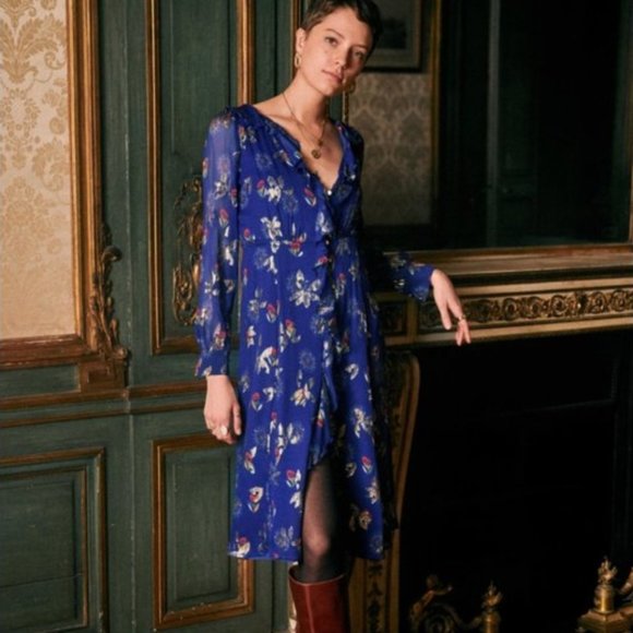 Sezane | Dresses | Sezane Adele Dress In Lurex Electric Blue Flower In ...